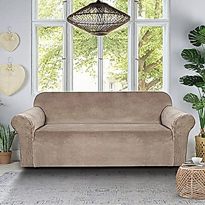 ENOVA FLORAL Sofa Slipcover Couch Covers, Ultra Soft Thick Stretch Velvet Fabric Sofa Slipcover 3 Seater Couch Covers, Sofa Durable Furniture Protector for Living Room (Taupe)