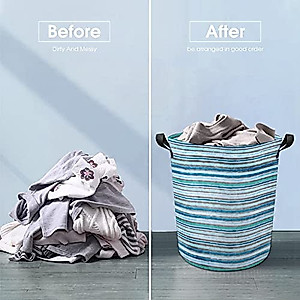 Collapsible Laundry Baskets Ocean Dye Wave Strips Waterproof Laundry Hamper with Handles Teal Blue Round for Dirty Clothes，Kids Toys,Bedroom,Bathroom