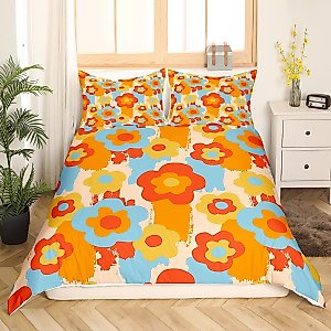 Hippie Flower Bedding Set King,Abstract Bohemian Floral Duvet Cover 80S 90S Vintage Psychedelic Flwers Comforter Cover for Kids Boys Girls Teens,Retro Oil Painting Quilt Cover Grunge Room Decor