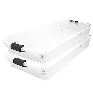HOMZ 60 Quart Multipurpose Slim Underbed Storage Container Bins with Secure Latching Lid and Wheels for Home or Office Organization, Clear (2 Pack)