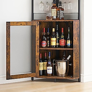 Amyove Corner Wine Bar Cabinet with Detachable Wine Rack, Industrial Wine Cabinet with Glass Holder, Small Sideboard and Liquor Coffee Bar Cabinet with Mesh Door, ‎Retro Brown