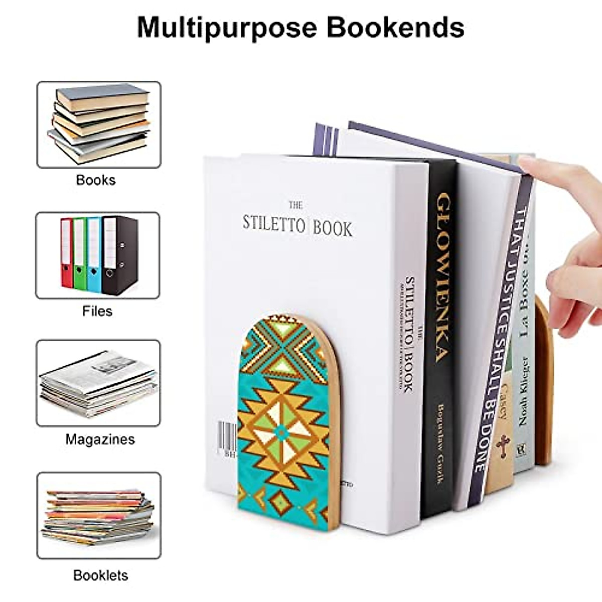 2 Pack Wood Bookends,Native Aztec Tribal Turquoise Decorative Book Ends Support for Shelves Desktop Organizer Wooden Bookshelf for Home School Office
