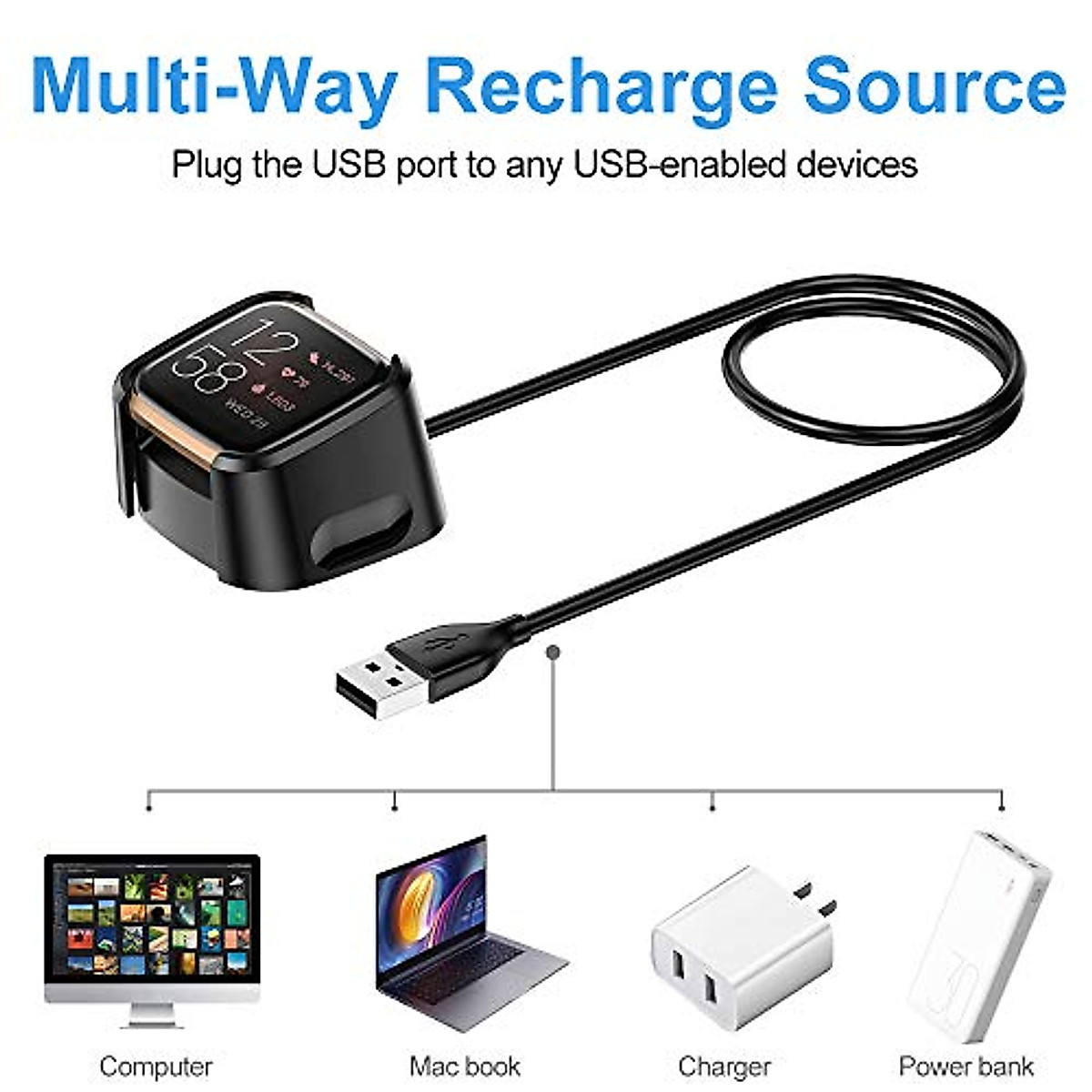 QIBOX Charger Compatible with Fitbit Versa 2 (Not for Versa/Versa Lite), 2-Pack Replacement USB Charging Cable Dock Stand for Versa 2 Health & Fitness Smartwatch, 3Ft Sturdy Power Cord