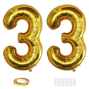 Xihuimay Number 33 Balloons 40 inch Digital Balloon Alphabet 33 Birthday Balloons Digit 33 Helium Balloons Big Balloons for Birthday Party Supplies Wedding Bachelorette Bridal Shower, Gold Number 33