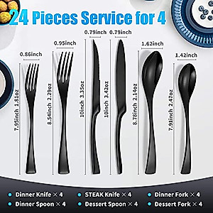 Lemeya 24 Piece Black Silverware Set with Steak Knives,18/10 Stainless Steel Cutlery Utensils Modern Flatware Set Service for 4,Include Knife/Fork/Spoon, Mirror Polished,Dishwasher Safe