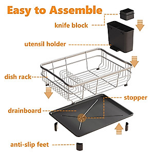 AIDERLY Stainless Steel Dish Drying Rack with Drainboard Dish Drainers for Kitchen Counter Sink Adjustable Spout Dish Strainers with Utensil Holder and Knife Slots, Black