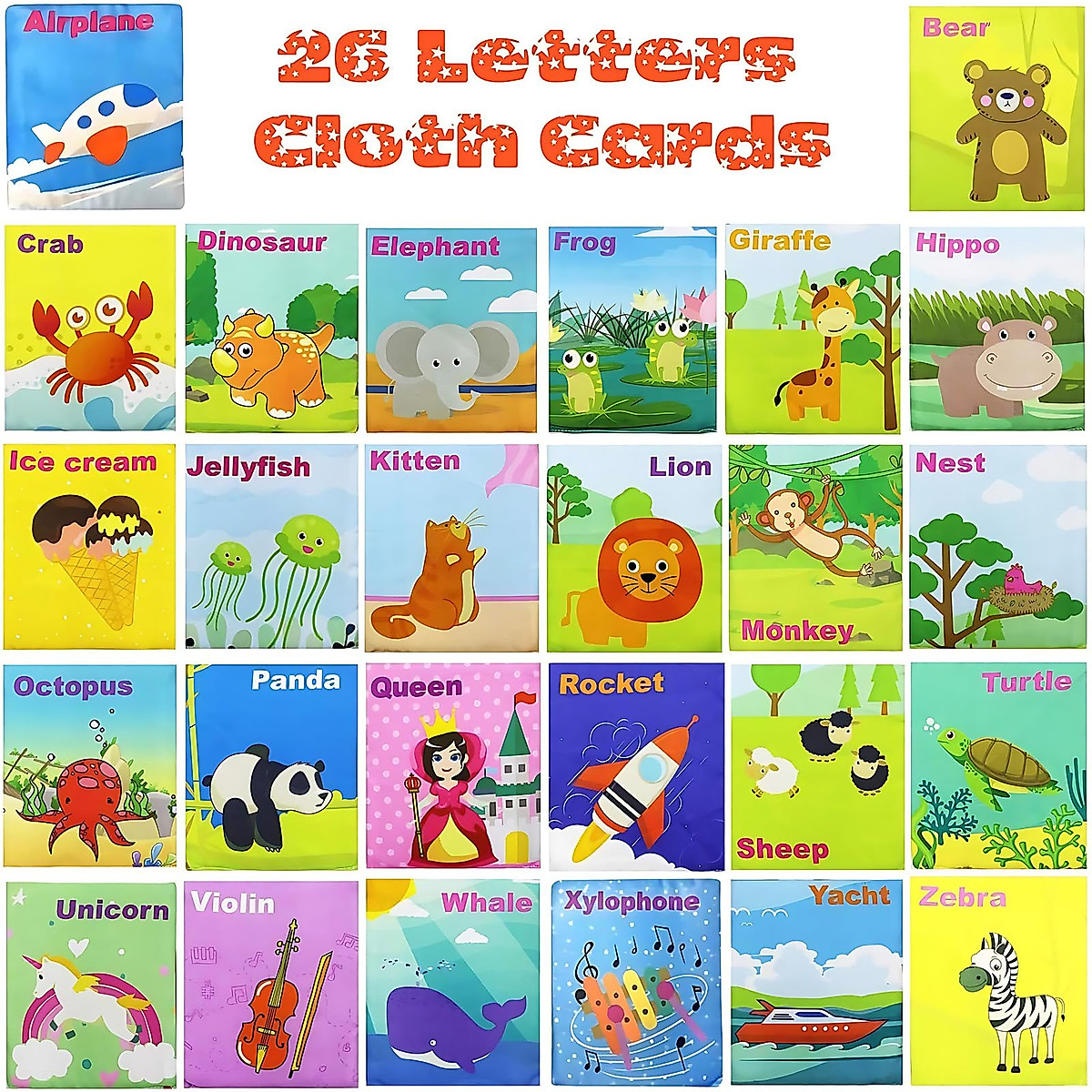 Adpartner Baby Soft Alphabet Cards Toy, 26Pcs ABC Learning Flash Cards with Drawstring Storage Bag, Washable Cloth Letter Cards Early Educational Toys for 0 1 2 3 Years Old Babies Infants Toddlers