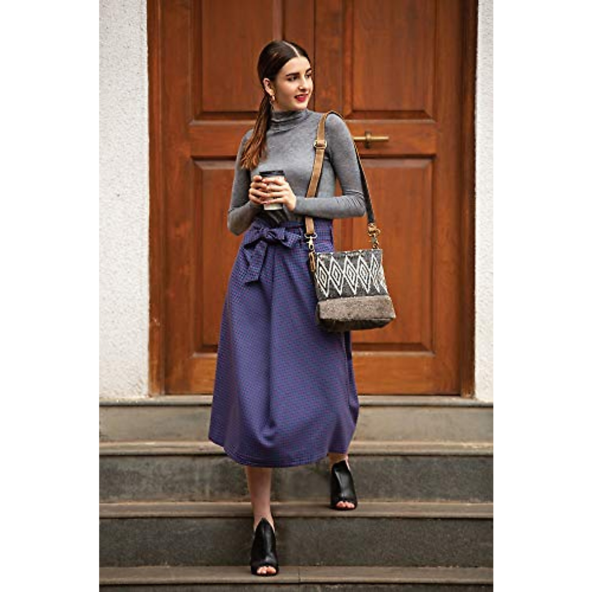 Myra Bag Azure Upcycled Canvas & Cowhide Leather Shoulder Bag S-1266