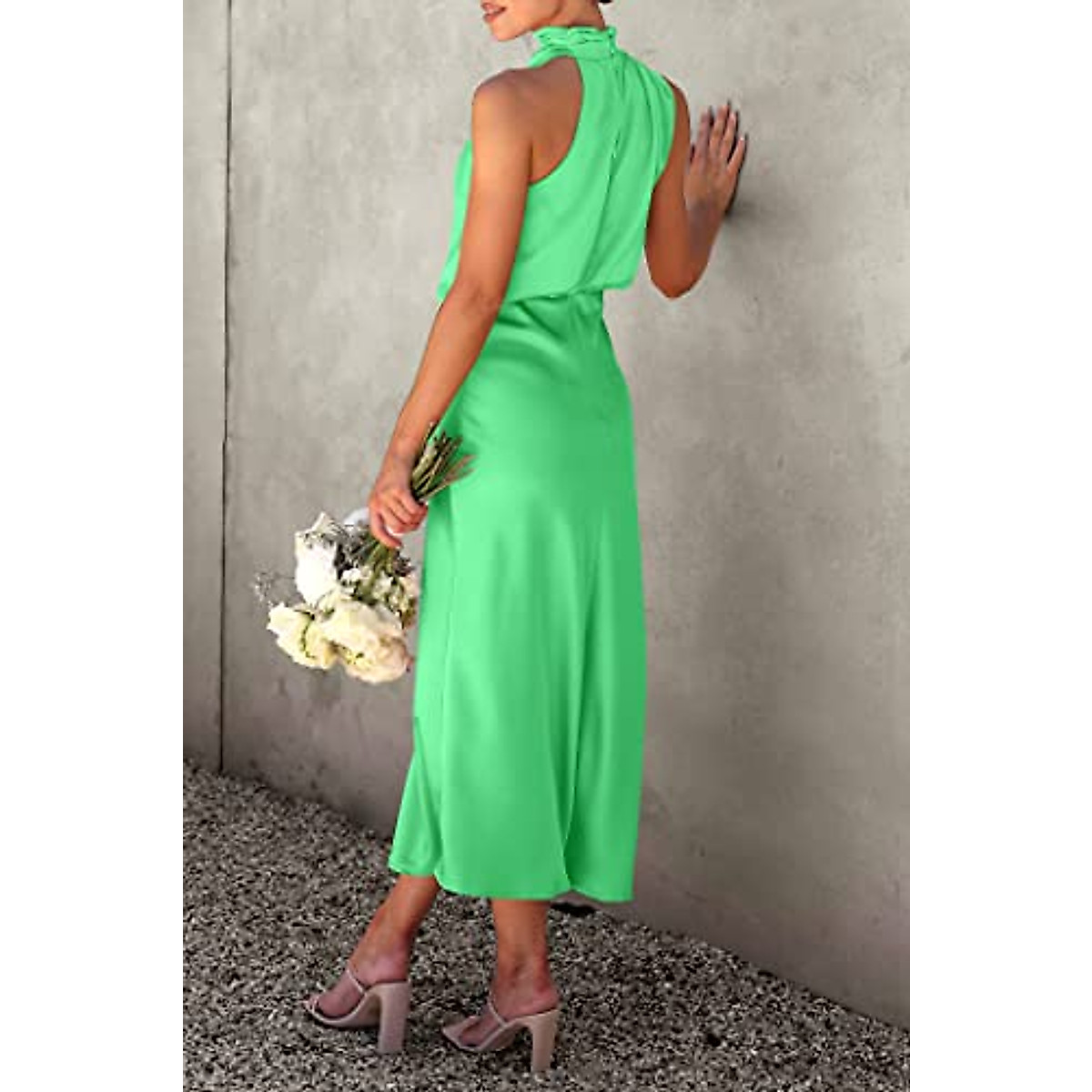 PRETTYGARDEN Women's 2023 Summer Satin Dress Elegant Sleeveless Mock Neck Cocktail Party Maxi Dresses (Grass Green,Small)