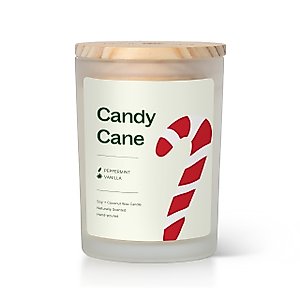 Plant Therapy Candy Cane Naturally Scented Candle 9 oz Hand-Poured Coconut & Soy Wax Blend, Crisp & Cool Natural Scent, Chic Frosted White Jar with Wooden Lid