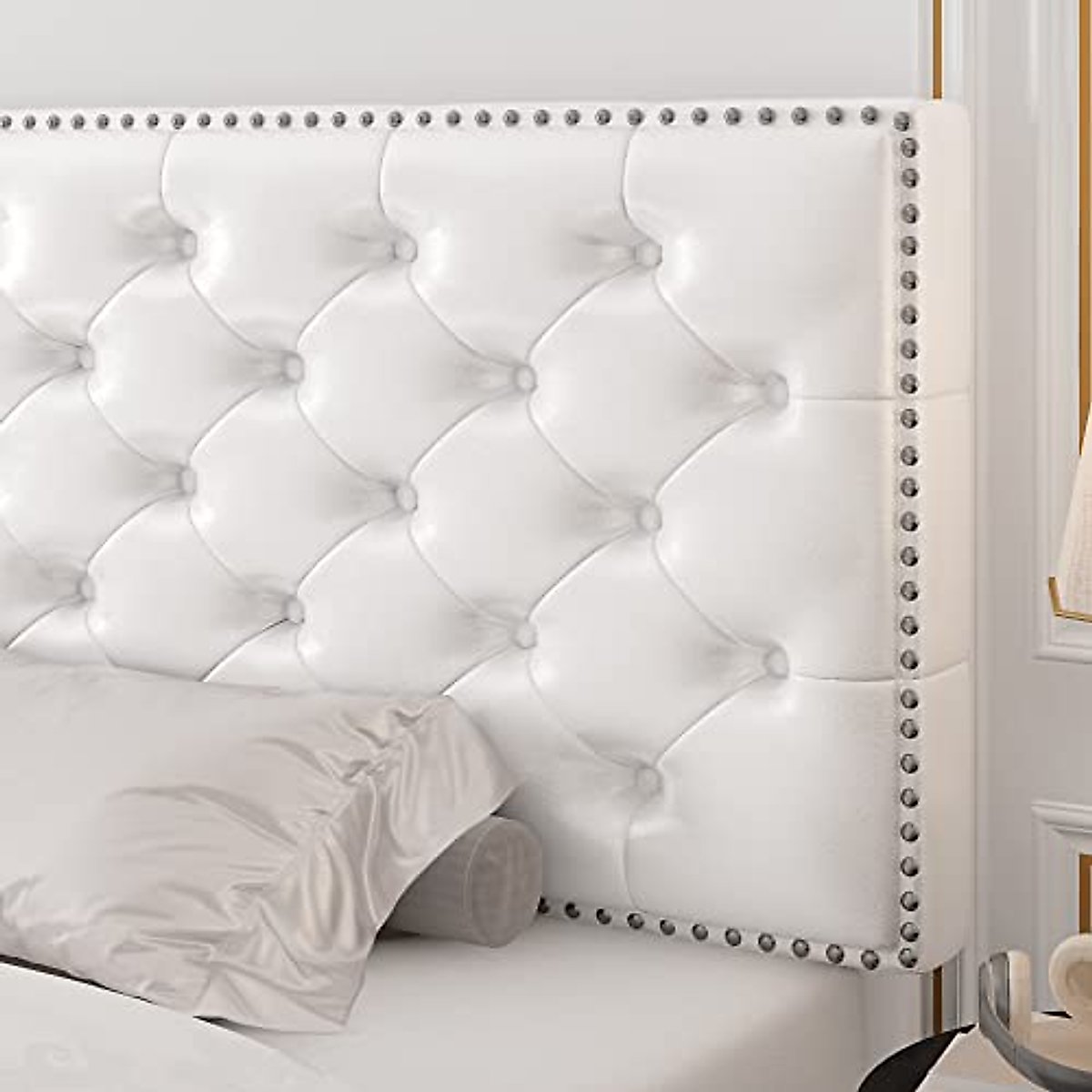 Queen Bed Frame with Storage and Adjustable Headboard, Bed Frame with 4 Drawers and Wooden Slats Support, No Box Spring Needed (PU White, Queen (U.S. Standard))