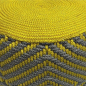 SIMPLIHOME Kent Boho Round Woven Outdoor/ Indoor Pouf in Grey and Yellow Recycled PET Polyester for the Living Room, Family Room, Bedroom and Kids Room