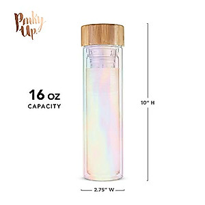 Pinky Up Blair Loose Leaf Tea Travel Infuser Mug, Double-Walled Glass and Stainless Steel with Bamboo Lid, 16 oz, Clear