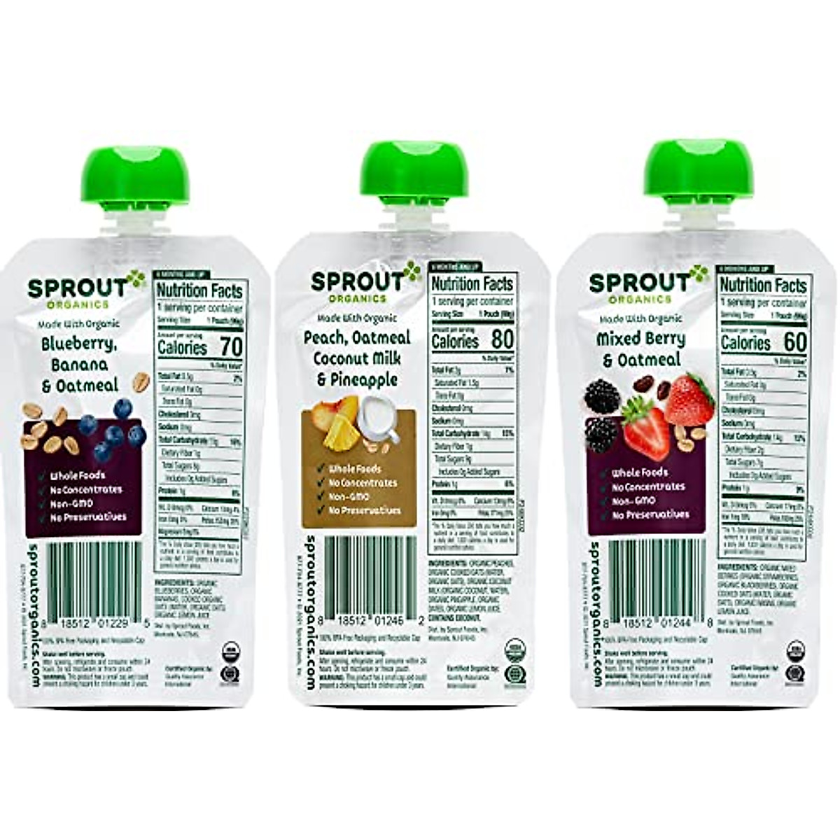 Sprout Organics, Stage 2 Variety Pack, Blueberry Banana Oatmeal, Mixed Berry Oatmeal & Peach Oatmeal with Coconunt Milk, 6+ Month Pouches, 3.5 oz (18-count)