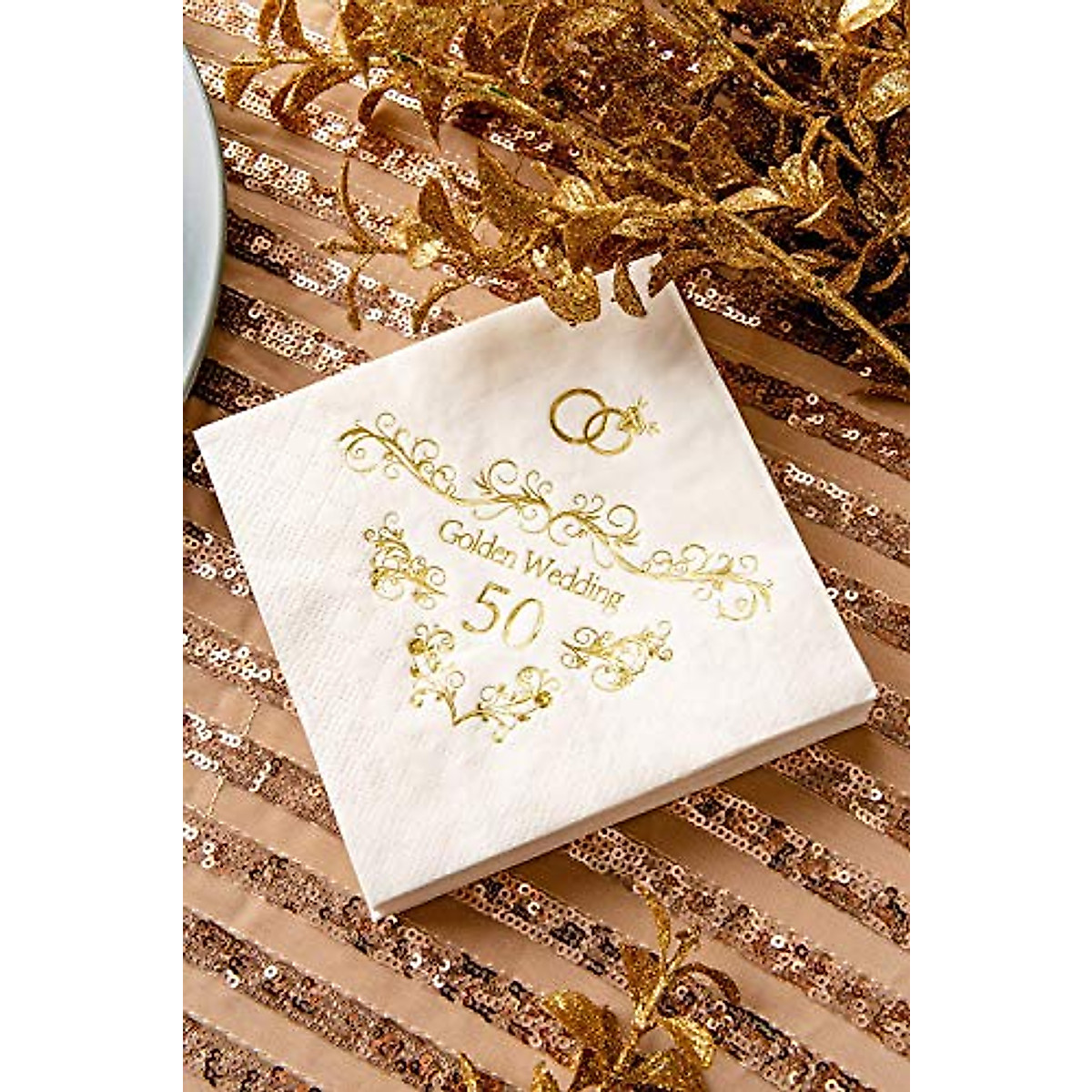 Crisky 50th Wedding Anniversaray Napkins Golden Cocktail Beverage Napkins, 50th Wedding Anniversary Decorations for Candy Cake Table, 50 Pcs, 3-ply