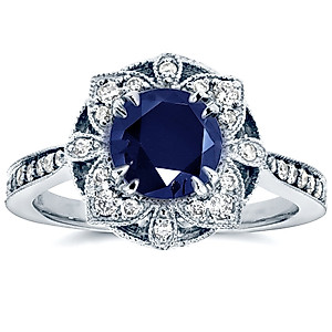 Kobelli Antique Style Floral Sapphire and Diamond Engagement Ring 1 1/2 Carat (ctw) in 14k White Gold, Size 9