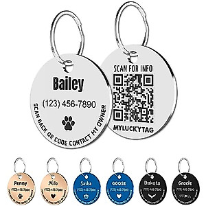 MYLUCKYTAG Personalized Pet ID Tags Dog Tags - Stainless Steel QR Code ID Tags - Pet Online Profile - Send Pet Location Alert Email When Scanning