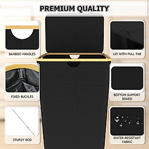 150L Laundry Basket with Lid, Large Double Laundry Hamper with Bamboo Handles, Removable Laundry Bags, 2 Section Dirty Clothes Hamper, Collapsible Towel Basket for Bedroom, Bathroom, Dorm, Black