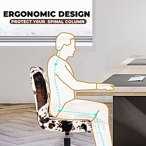 LEEJAY Brown Milk Cow Print Desk Chair for Adults, Armless Swivel Office Task Chair with Black Legs, Fluffy Faux Fur Furry Chair for Bedroom, Mid-Back Fancy Computer Chair, 17.3"x19.3" Seat