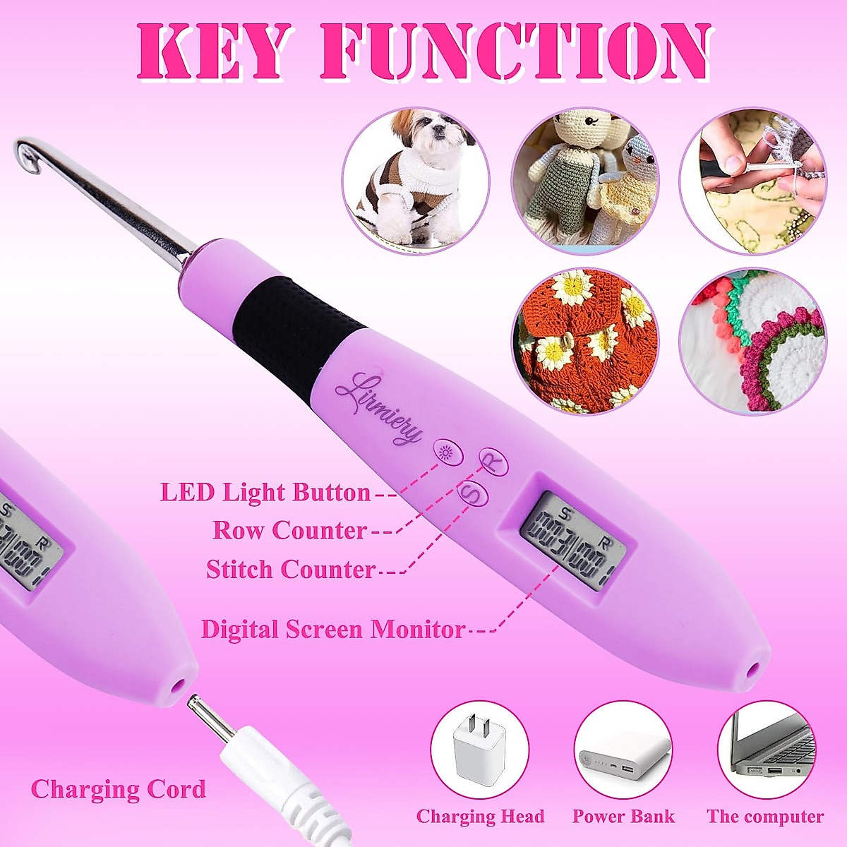 Lirmiery 18 Size Counting Crochet Hooks Set Digital with Light up Crochet Hooks Set Ergonomic Soft Grip,Lighted Crochet Hooks for Stitch & Row Counting