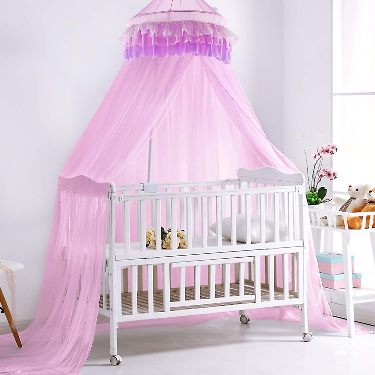Goplus Princess Bed Canopy Netting Dome with Elegant Ruffle Lace for Girls and Baby Room Decor, Bed Curtains Mosquito Net for Twin, Full, Queen Size Beds, Pink