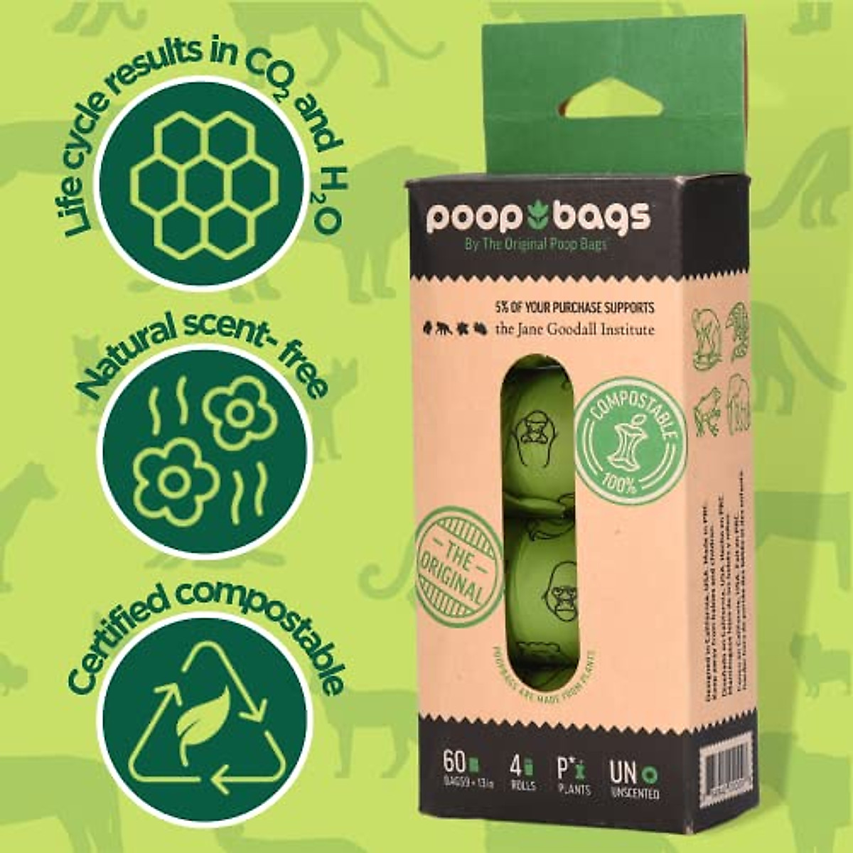 The Original Poop Bags® OK Compost Certified Compostable Dog Waste Bags - Supports Jane Goodall Institute - You Buy, We Donate - Dog Bags For Poop, Doggy Poop Bags Refills, Unscented
