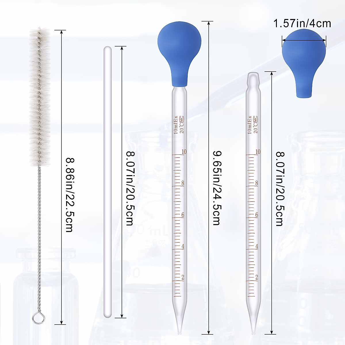 3Pcs Glass Pipettes Droppers, 10ml Graduated Droppers with Rubber Cap, Stir Rod and Cleaning Brush, Transfer Pipettes for Liquid and Essential Oil