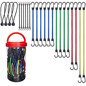 EFFICERE 24-Piece Premium Bungee Cord Assortment in Storage Jar - Includes 10”, 18”, 24”, 32”, 40” Bungee Cords and 8” Canopy/Tarp Ball Ties