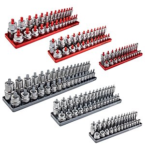 OEMTOOLS 22413 6 Piece SAE and Metric Socket Tray Set, SAE and Metric Socket Storage for Sizes 1/4", 3/8”, and 1/2" Drive, Socket Holders and Socket Organizer Tray for Toolbox, Red/Grey
