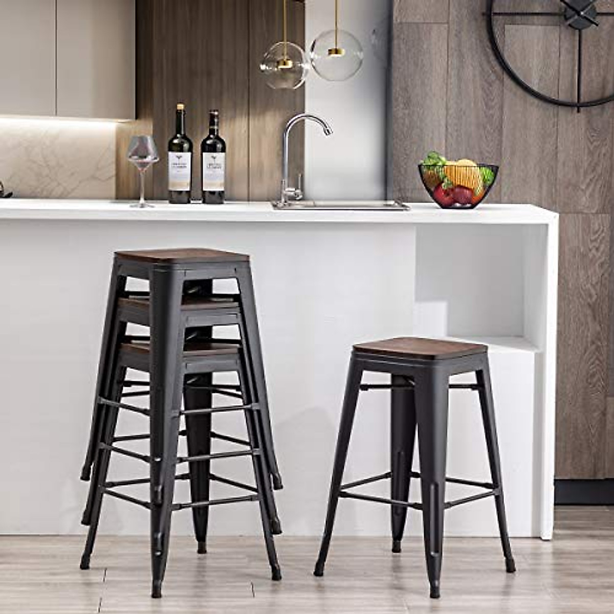 Alunaune 24" Metal Bar Stools Set of 4 Stackable Counter Height Barstools Backless Industrial Kitchen Bar Chairs with Wooden Seat-Matte Black