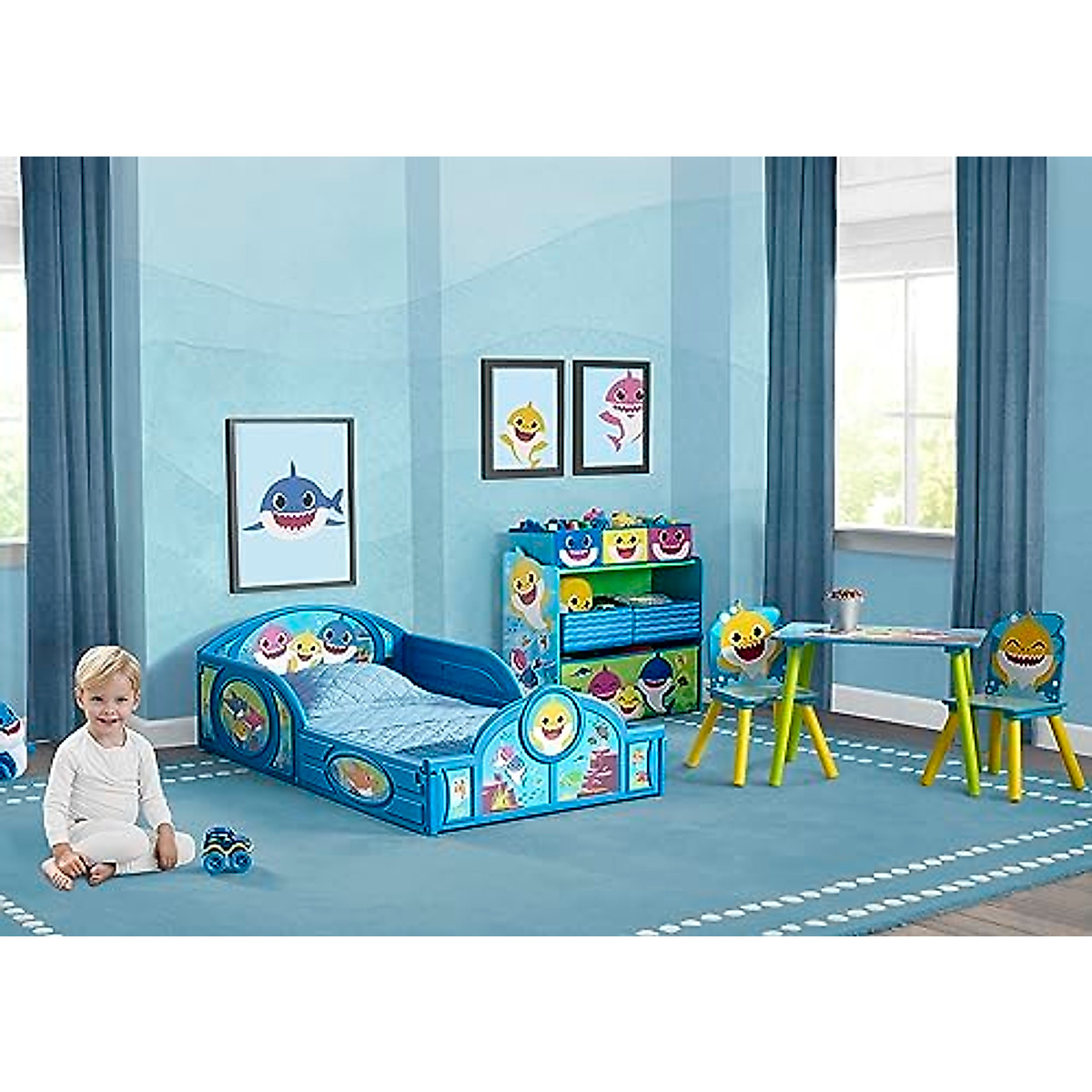 Baby Shark Plastic Sleep and Play Plastic Toddler Bed + Delta Children Twinkle Galaxy Dual Sided Recycled Fiber Core Crib and Toddler Mattress (Bundle)