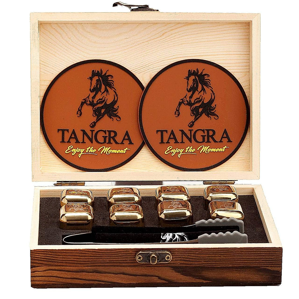 Whiskey Stainless Steel Stones Gift Set of 8 Golden Ice Cubes. Reusable Chilling Rocks in Wooden Box Ideas for Men Dad Groomsman Husband Wedding Father's Day Birthday Anniversary