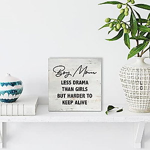 Boy Mom Less Drama Than Girls But Harder to Keep Alive Wood Box Sign Rusitc Wooden Box Sign Farmhouse Home Office Desk Shelf Decor (5 X 5 Inch)