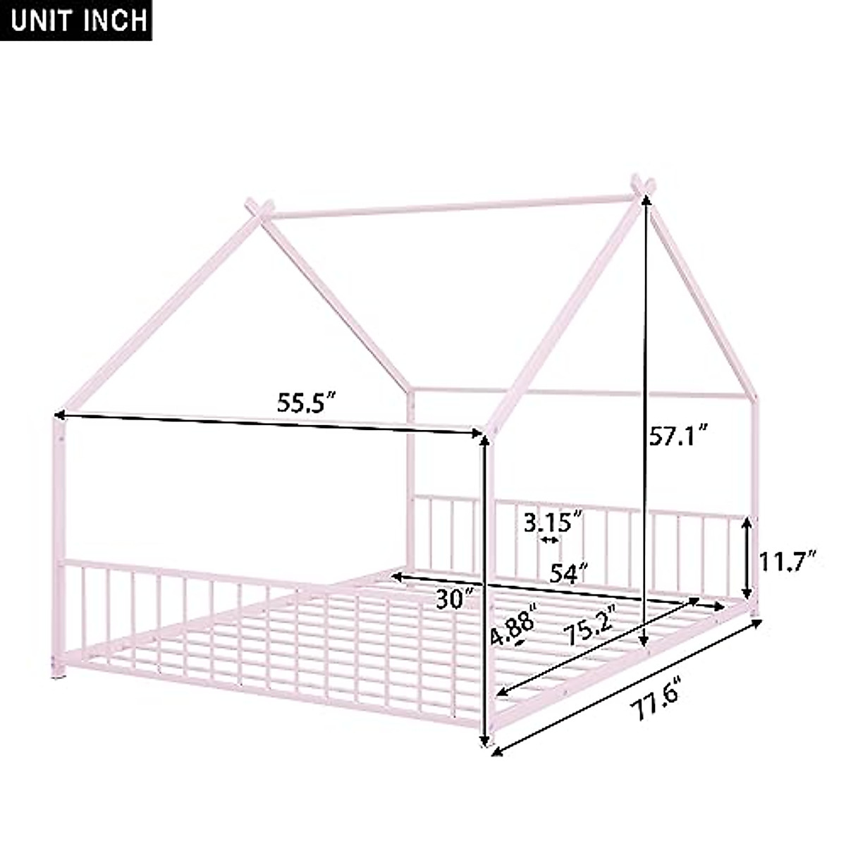 HANLIVES Full House Bed for Kids, Metal Floor Bed Frame Full with Headboard and Footboard, Full Kids Bed Floor Bed for Toddlers, Girls, Boys(Pink)