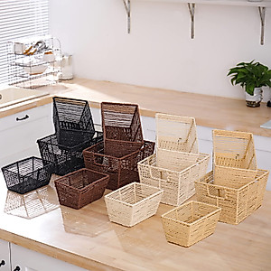 Vagusicc Wicker Baskets, Round Paper Rope Wicker Storage Basket for Shelves, Rectangular Small Wicker Baskets for Organizing & Decor, Brown, 3-Pack