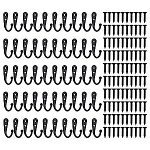 Tebery 50 Pack Wall Mounted Coat Hook Robe Hooks Black Rustic Hooks with Screws for Bath Kitchen Garage
