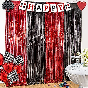 LOLStar 3 Pack Casino Foil Fringe Curtains Casino Theme Party Decorations 3.3 X 6.6 ft Red and Black Photo Booth Prop, Tinsel Streamer Backdrop for Las Vegas Theme Decor