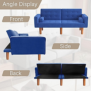 Furmax Convertible Futon Sofa Bed Fabric Modern Folding Couch, Upholstered Couch Recliner with 2 Pillows and Armrests for Living Room Lounge, Sturdy Wood Legs Fabric Home Recliner Sofa. (Blue)