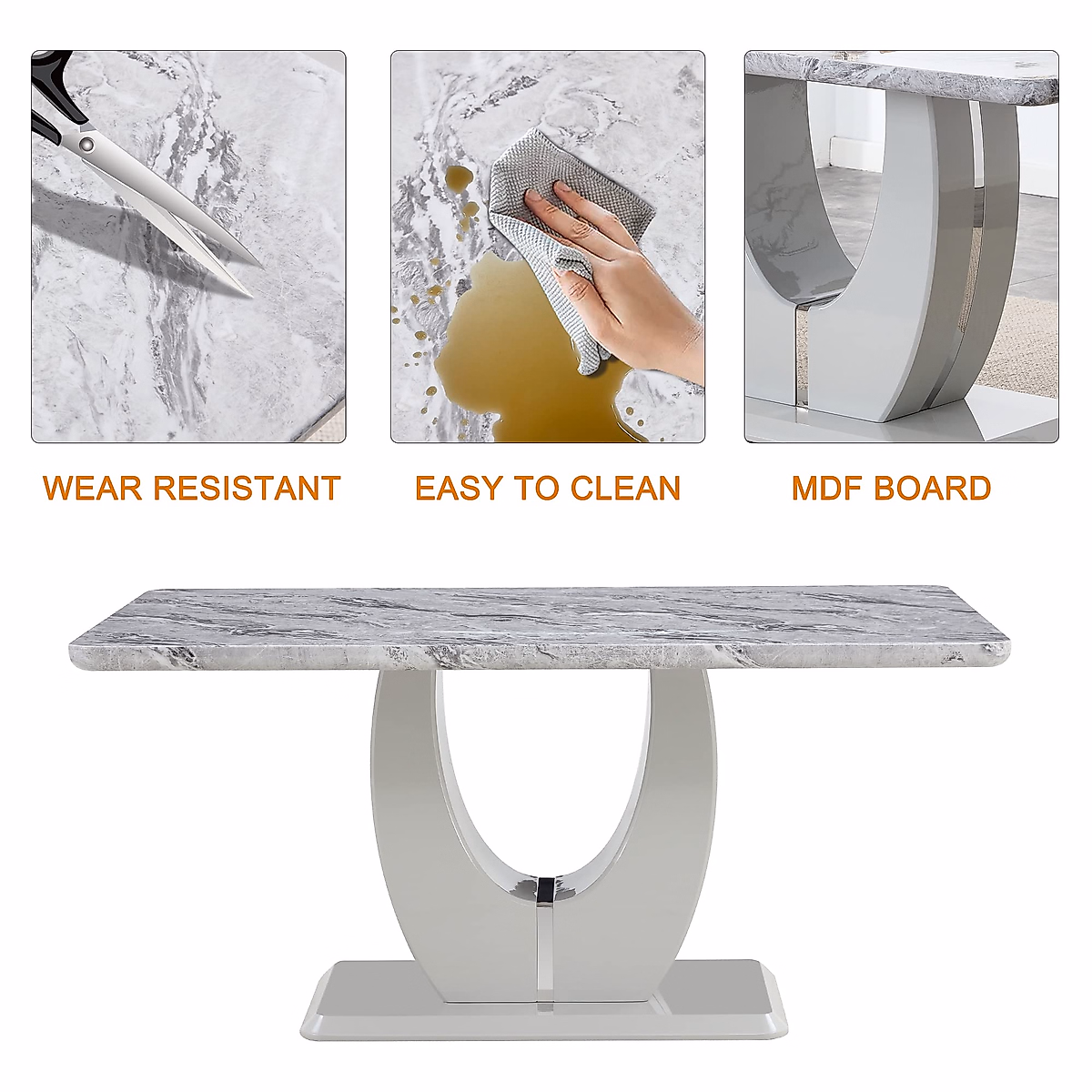 hohoedc 63" Morden Faux Marble Dining Room Table Set,Big Kitchen Dining Table for 6-8 with MDF Base,7 Piece Rectangle Dining Table Set &6 Pu Leather Upholstered Chairs Ideal