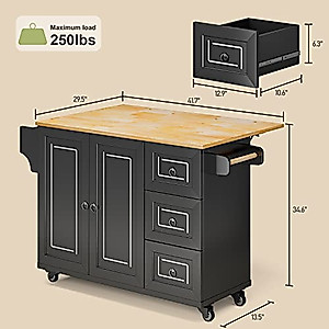 Qsun Kitchen Island with Storage on Wheels with Drop Leaf, Kitchen Island Cart with Rubber Wood Top, Large Storage Cabinet, Three Large Drawers, Side Towel Rack and Spice Rack (Black)