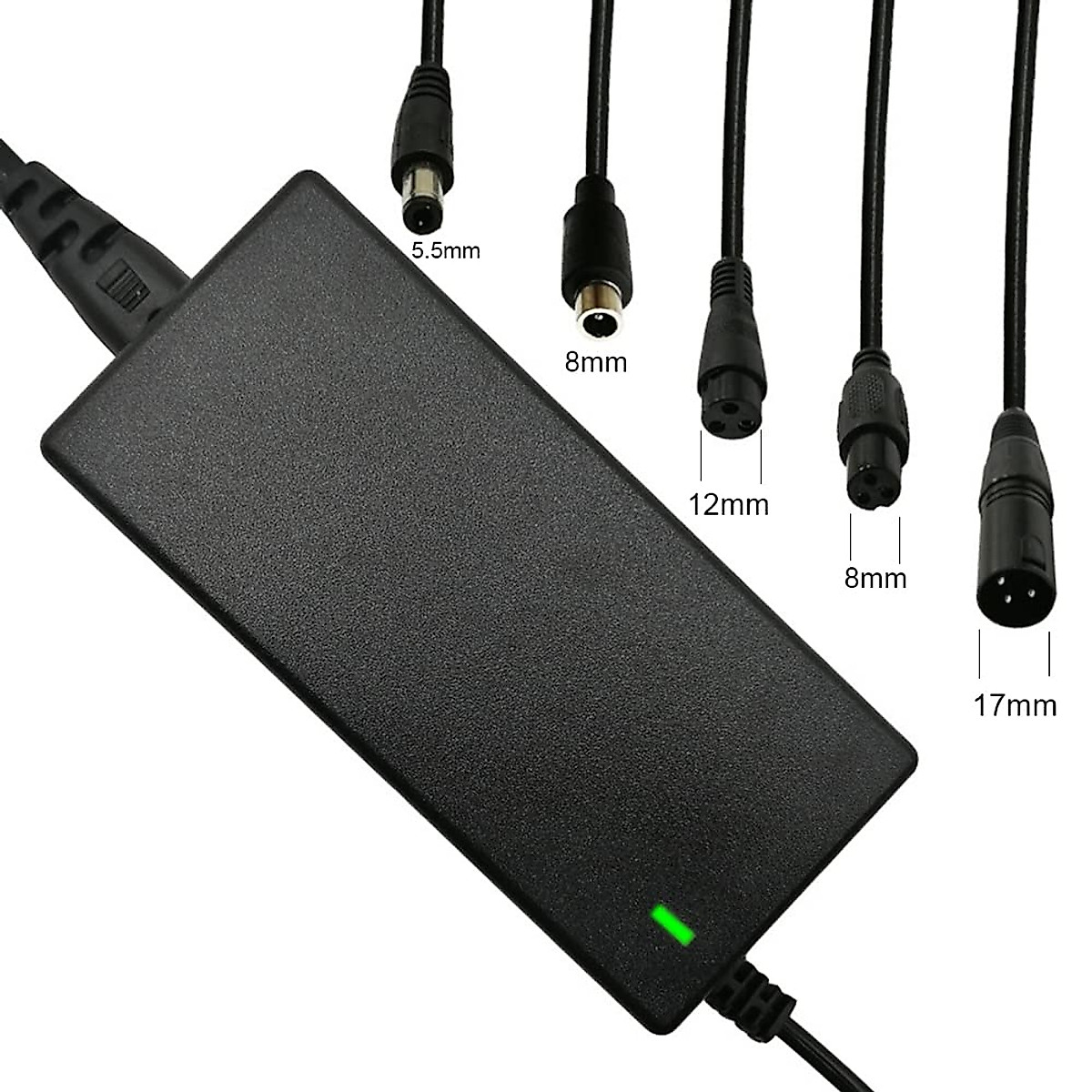 42V 2A Charger 5 Plugs for Scooter 36V Lithium Battery, Pack DC 5.5 * 2.1 with 8mm 3 Prong Connector /12mm 3 Prong Connector /8mm RCA Connector/ 3-Pin Male XLR Connector