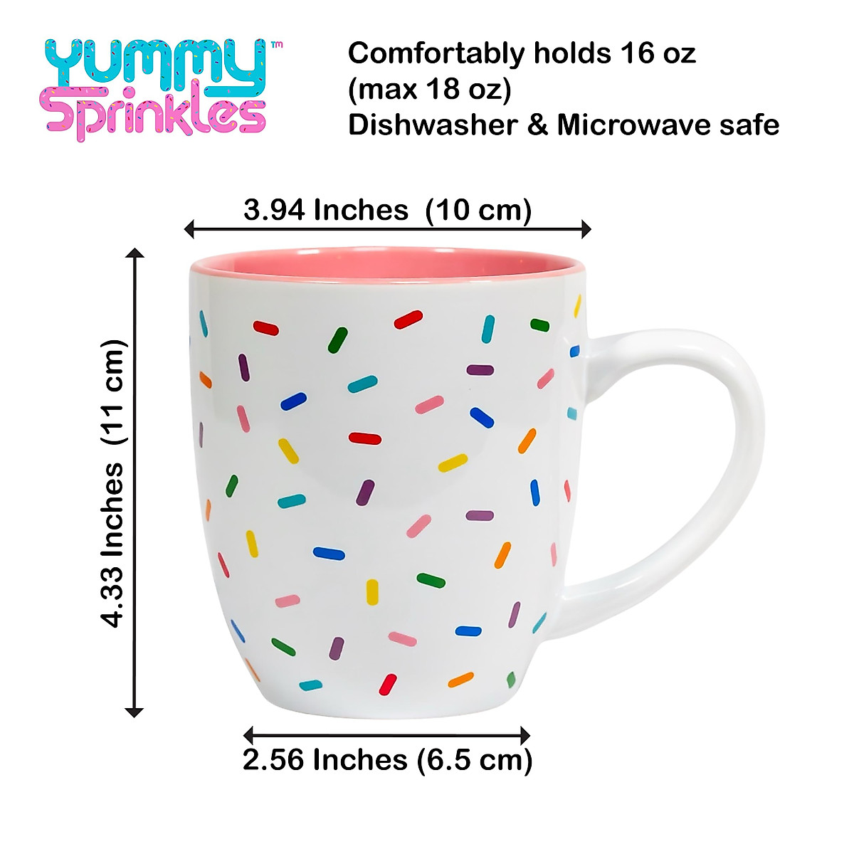 Yummy Sprinkles Mug | Pink Mug | Rainbow Sprinkles Coffee Mug | Birthday Cake Mug | Large, Fun, Coffee Mug with Green, Yellow, Red, Pink, Blue Art | Rose Pink