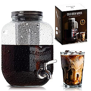 Cold Brew Coffee Maker, 1 Gallon Iced Coffee Maker, Cold Brew Mason Jar with Stainless Steel Filter, Large Iced Tea Maker With Thick Shatter Resistant Glass, Your Own Cold Brew Kit