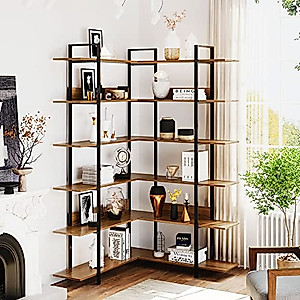 Corner Bookshelf 6-Tier L Shaped Bookcase, Industrial Home Office Open Storage and Display Rack Shelves, Metal Frame