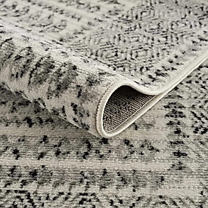 Hauteloom Greig Farmhouse Moroccan Geometric Area Rug - Boho Aztec Tribal Carpet for Living Room, Bedroom, Dining Room - Bordered - Off White, Black, Grey - 7'10" Round Rug