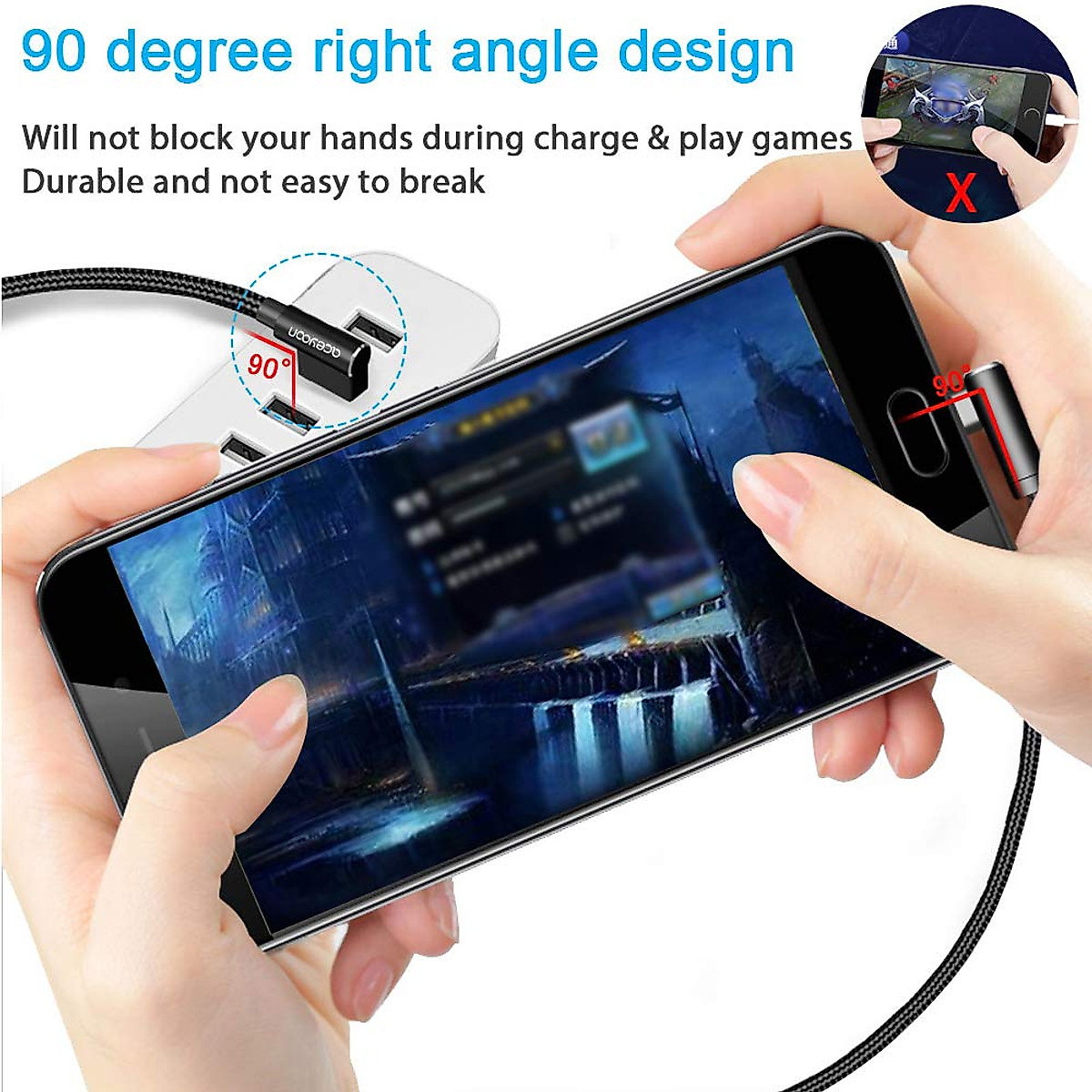 aceyoon Right Angle USB C Cable 1ft, 3-Pack Braided USB to USB C Cable 90 Degree Elbow Dual L Shape Comaptible for iPhone 15 Pro Max, Samsung Galaxy S8 S9 S10, Pixel 2 3 3XL, P30 P20 Mate20