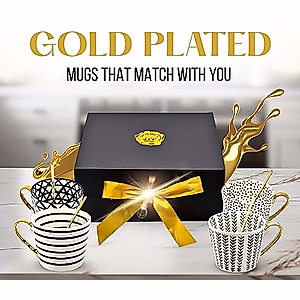 Monarca Set of 4 Mugs with Gold Tea Spoons, Ceramic with Real Gold Plated Handle, Aesthetic, Hand Painted 12 oz Elegance Colors Black, White and Gold