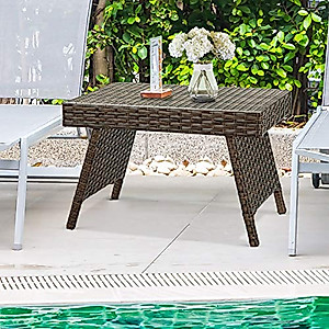 Tangkula Outdoor Wicker Table Patio Poolside Lawn Garden Rattan Steel Frame Folding Standing Coffee Table Side Table