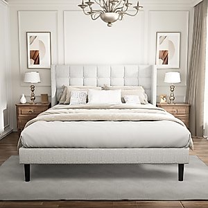 CXVX Full Size Platform Bed Frame with Upholstered Headboard and Wingback, Mattress Foundation with Wooden Slat Support, No Box Spring Needed, Easy Assembly, Noise Free, Light Grey