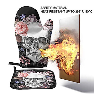 MSGUIDE Skull and Flowers Day of The Dead Oven Mitts -Heat Resistant 500 Degrees-Non Slip Kitchen Pot Holders Sets - Cooking Safe Gloves Soft Inner Lining